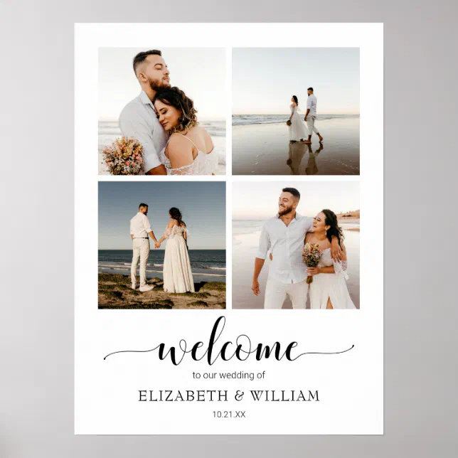 Modern Script 4 Photo Collage Wedding Welcome Sign | Zazzle