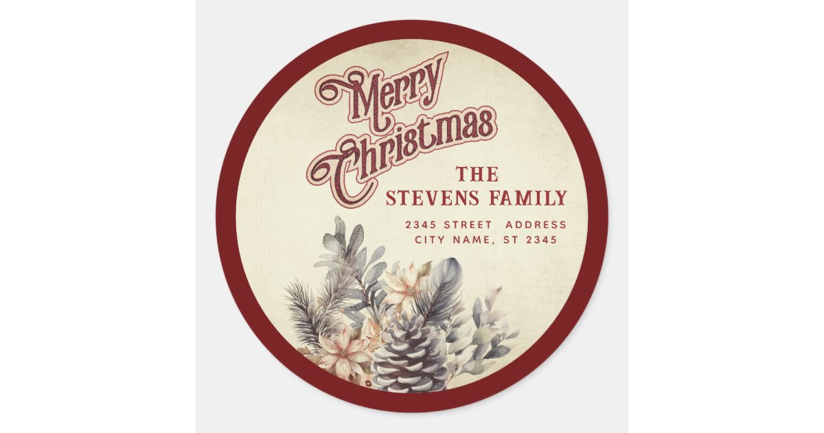 Modern script Merry Christmas pine cone floral Classic Round Sticker ...