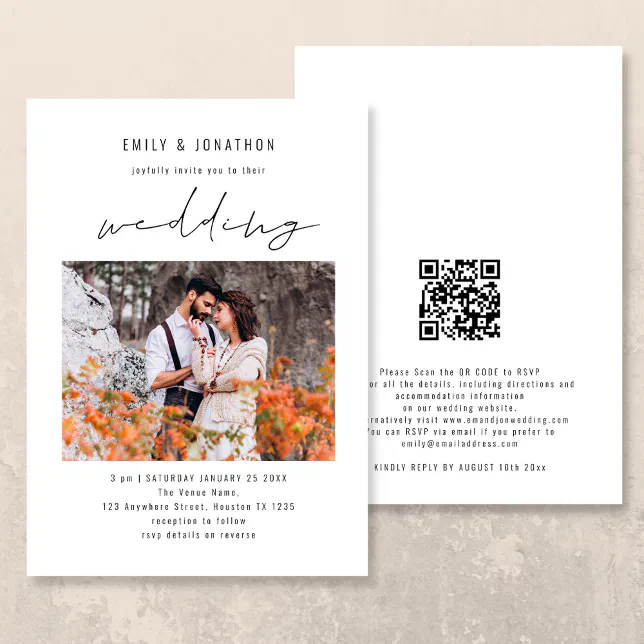 Modern Script Photo QR Code Wedding Invitation | Zazzle