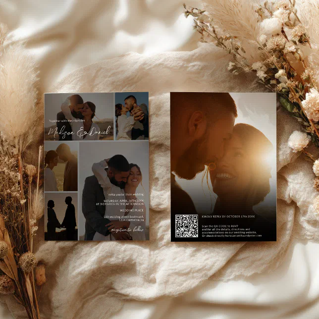 Modern Script Qr code Names 6-Photo Grid Wedding Invitation | Zazzle