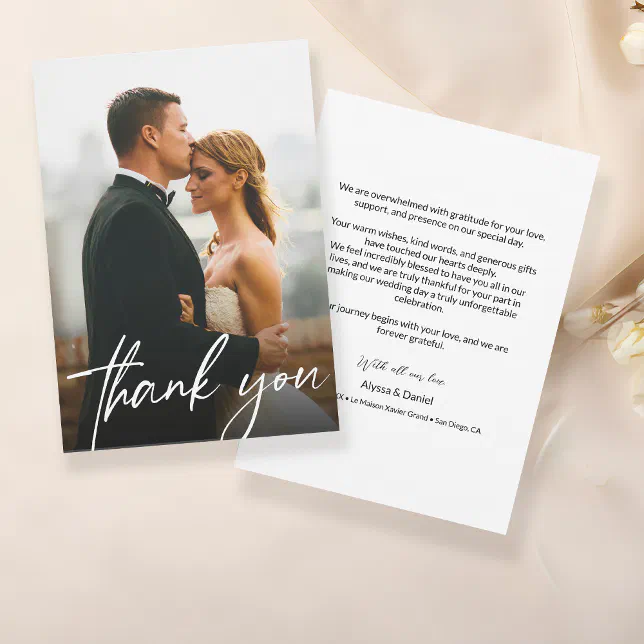 Modern Script Simple Photo Wedding Thank You Card | Zazzle