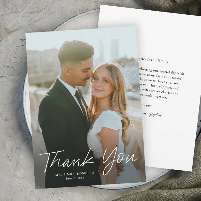 Modern Script Simple Photo Wedding Thank You Card | Zazzle