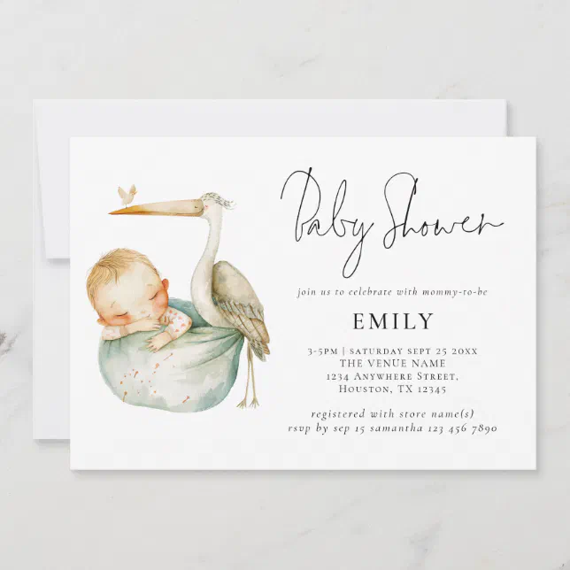 Modern Script Stork and Baby Shower Invitation | Zazzle