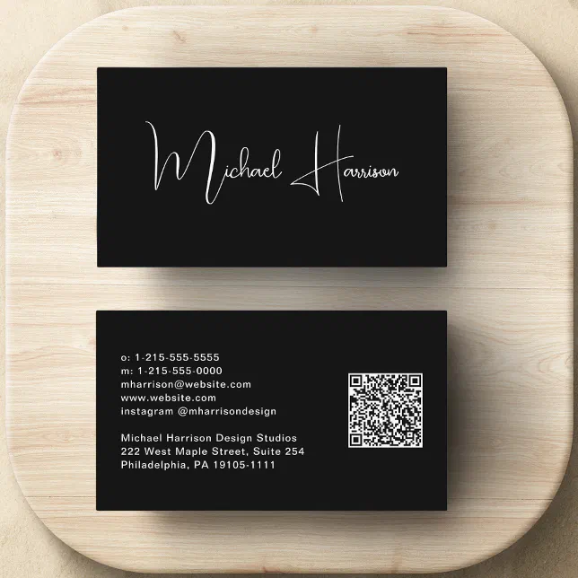Modern Signature Script QR Code Professional Black Business Card | Zazzle