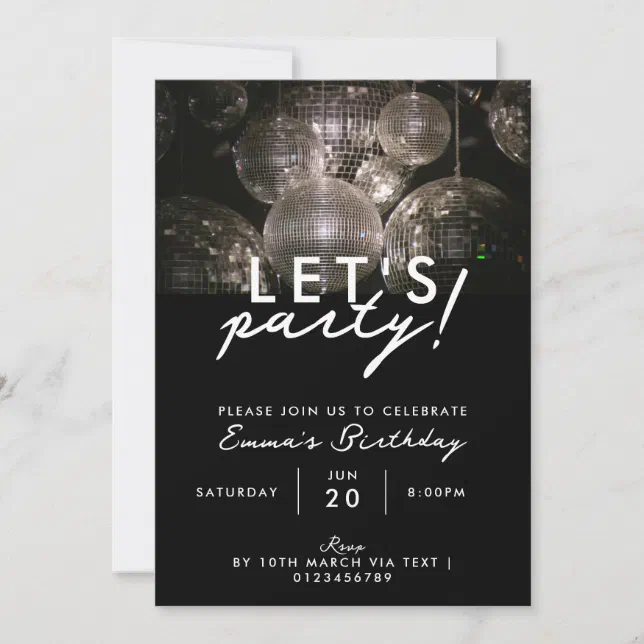 Modern silver disco ball birthday party invitation | Zazzle