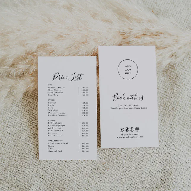 Modern Simple Formal Calligraphy Price List Business Card | Zazzle