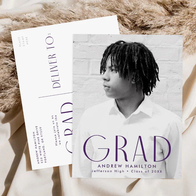 Modern Simplicity Purple Photo Graduation Party Invitation Postcard | Zazzle