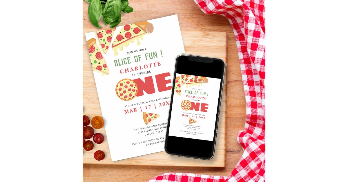 Modern Slice Of Fun Pizza First Birthday Party Invitation | Zazzle