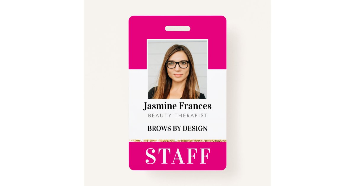 MODERN STAFF PHOTO ID work chic design pink ID Badge | Zazzle