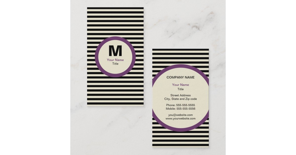 Modern Stripe Monogram Business Card - Black/Cream | Zazzle