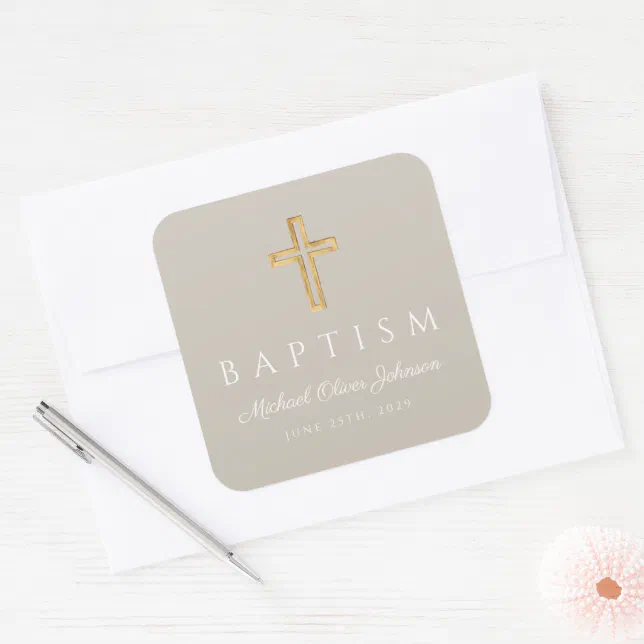 Modern Taupe Religious Cross Baptism Square Sticker | Zazzle