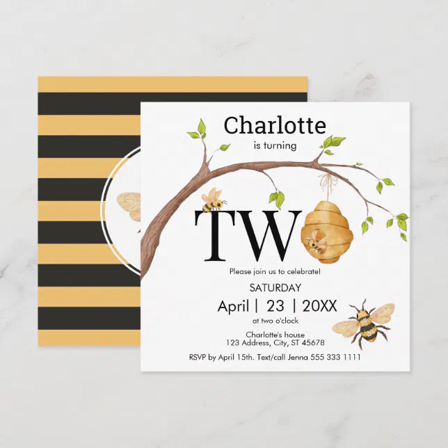 Modern Turning Two Black Yellow Beehive Birthday Invitation | Zazzle