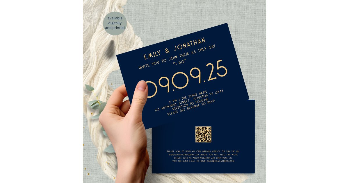 Modern Typography Navy Blue Gold Wedding Invitation | Zazzle