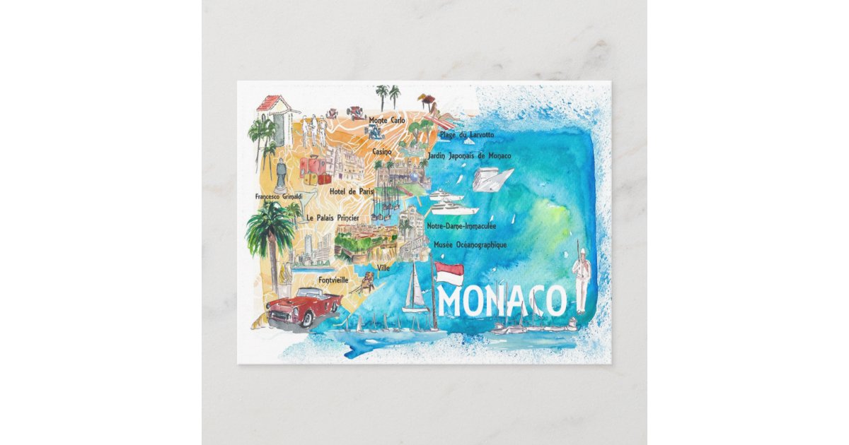Monaco Monte Carlo Illustrated Map with Landmarks Postcard | Zazzle