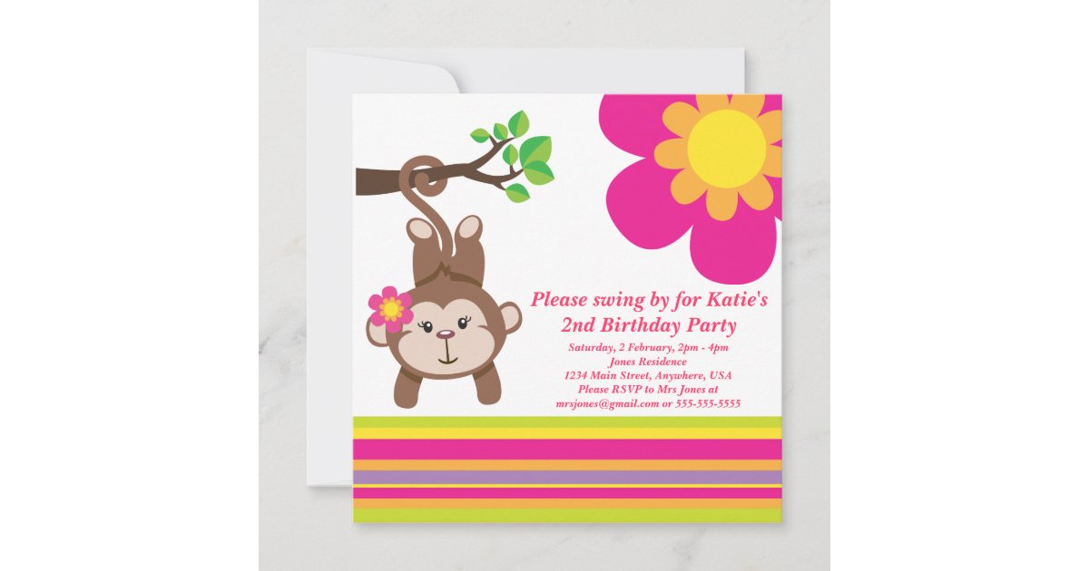 Monkey Girl (Pink) Birthday Party Invitation | Zazzle