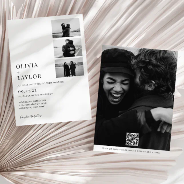Monochrome Classic Photo Collage QR Code Wedding Invitation | Zazzle