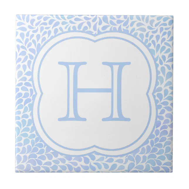 Monogram blue watercolor drops ceramic tile | Zazzle