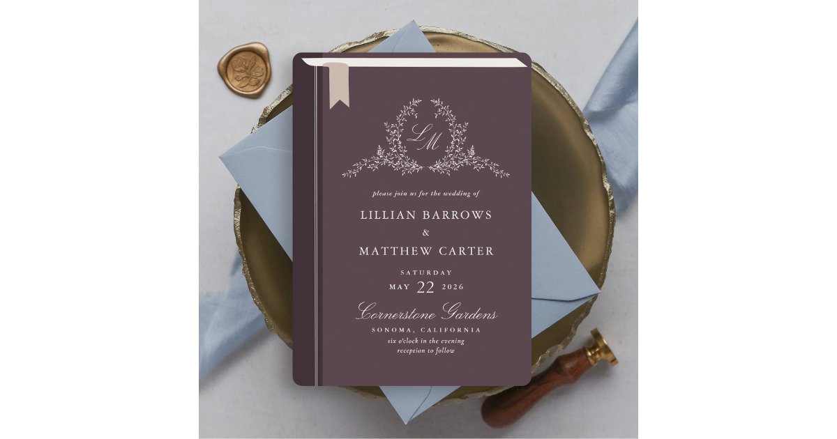 Monogram Book Cover Wedding Invitation | Zazzle