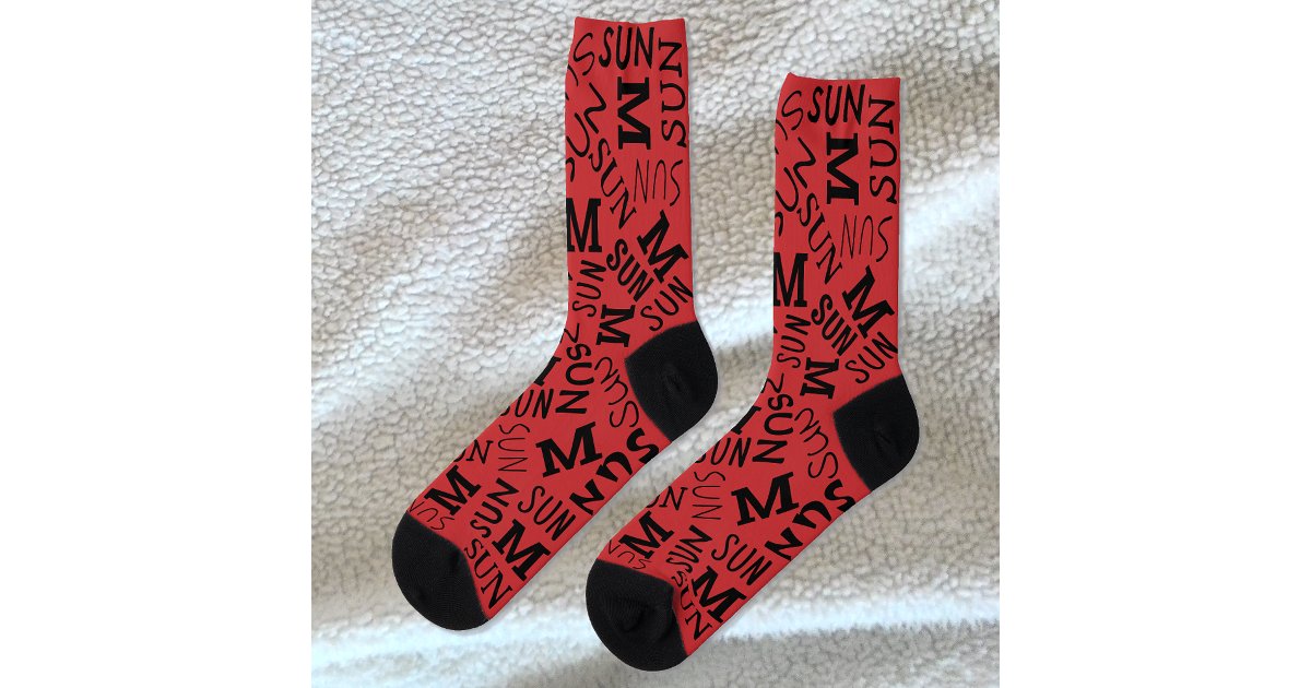 Monogram Day Of Week Red And Black Sunday Socks | Zazzle