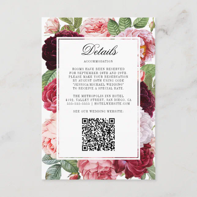 Monogram Elegant Roses Wedding Details QR Code Enclosure Card | Zazzle