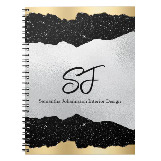 Monogram Initials on Luxurious Black Silver & Gold Notebook | Zazzle