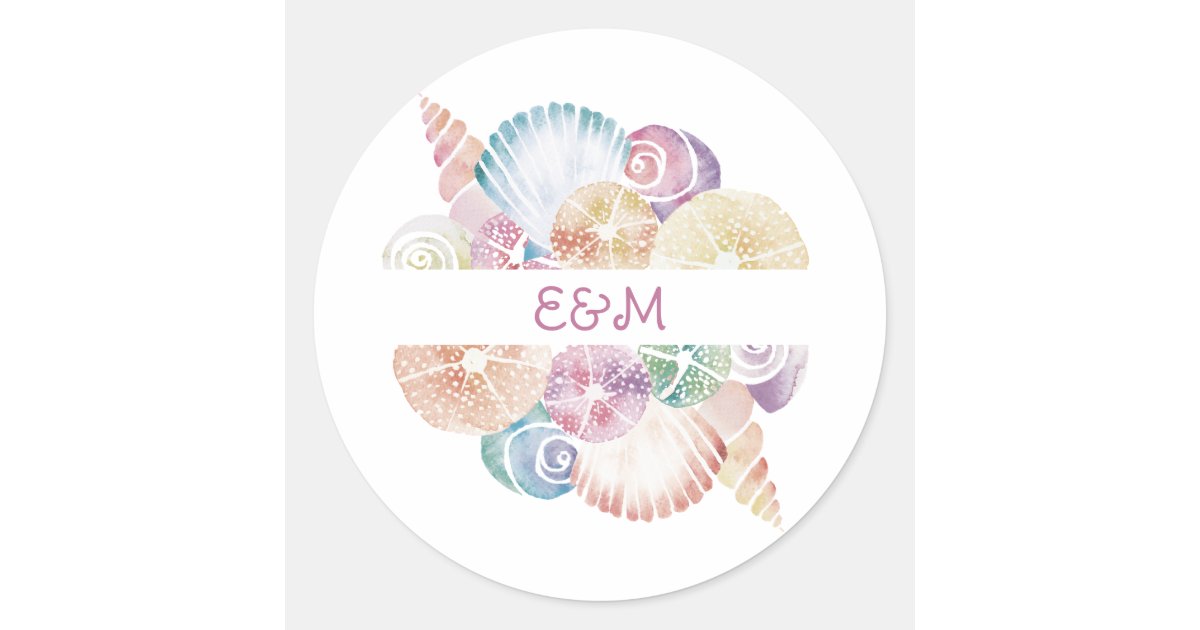 Monogram Marine Watercolor Sea Shells Wedding Logo Classic Round ...