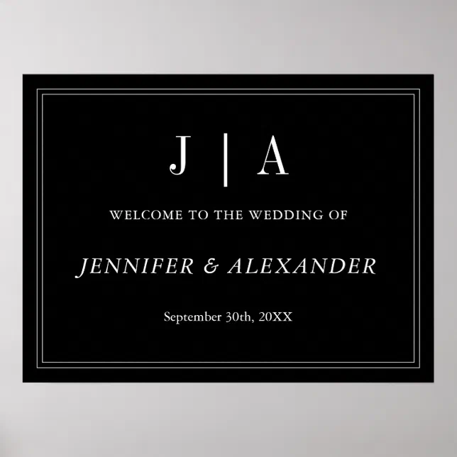 Monogram Modern Simple Black And White Wedding Poster | Zazzle