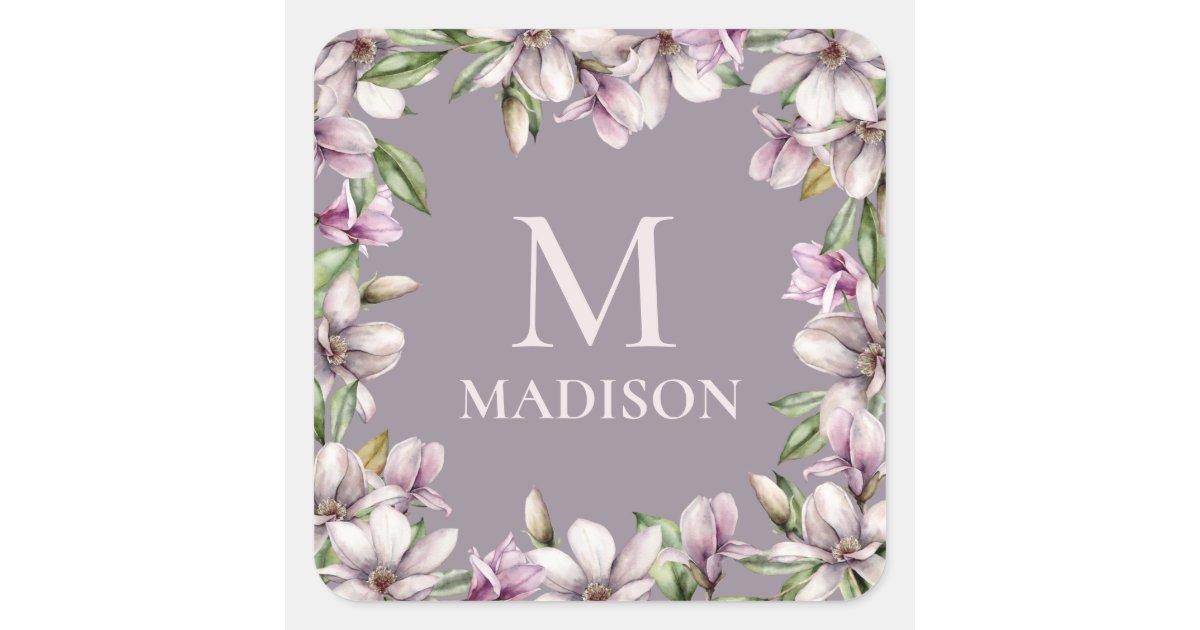 Monogram Monogrammed Magnolia Floral Personalised Square Sticker | Zazzle