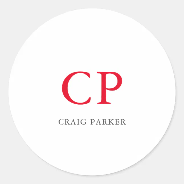 Monogram Professional Plain Red White Initials Classic Round Sticker ...
