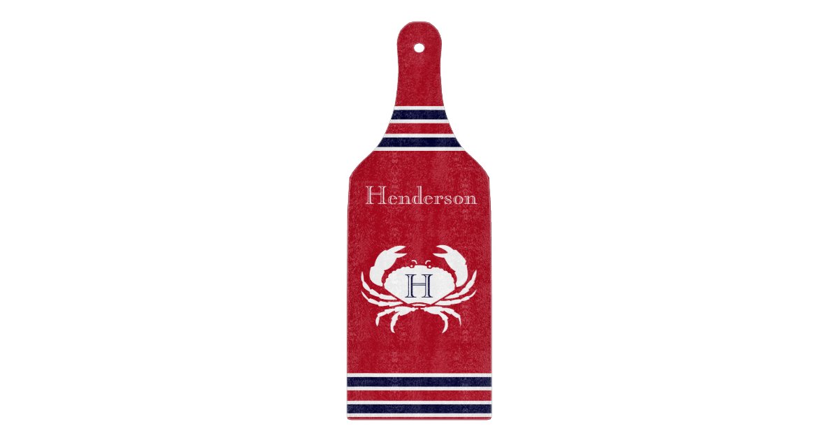 Monogram Red White Navy Blue Crab Nautical Cutting Board | Zazzle