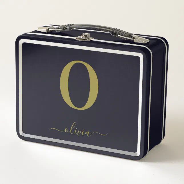 Monogram Script Name Personalised Black And Gold Metal Lunch Box | Zazzle