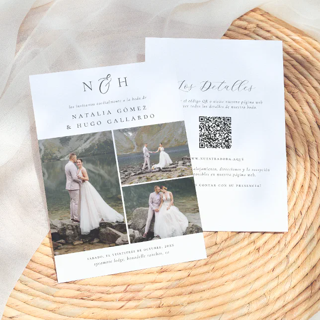 Monograma Código QR 3 Fotos Invitación de Boda Invitation | Zazzle