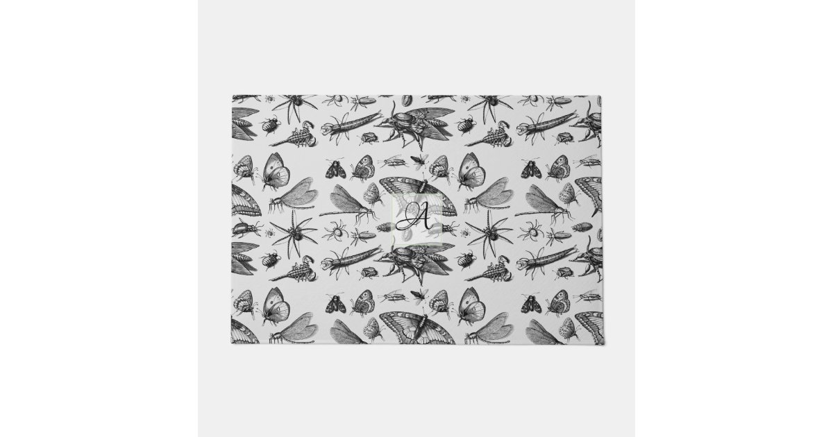 Monogrammed GOTHIC BUGS Vintage Ink Insects Black Doormat | Zazzle