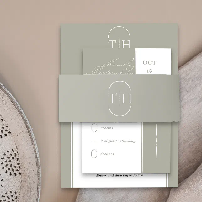 Monogrammed Initials Sage Green Wedding Invitation Belly Band | Zazzle