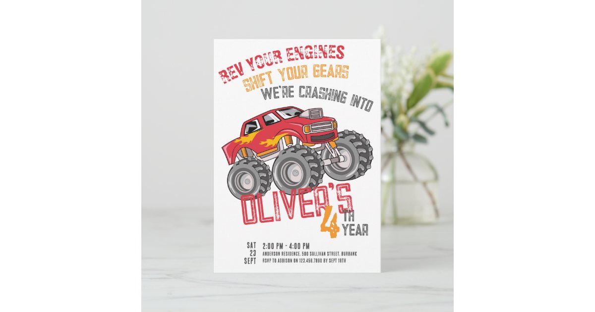 Monster Truck Rev Your Engines Birthday Party Invitation | Zazzle