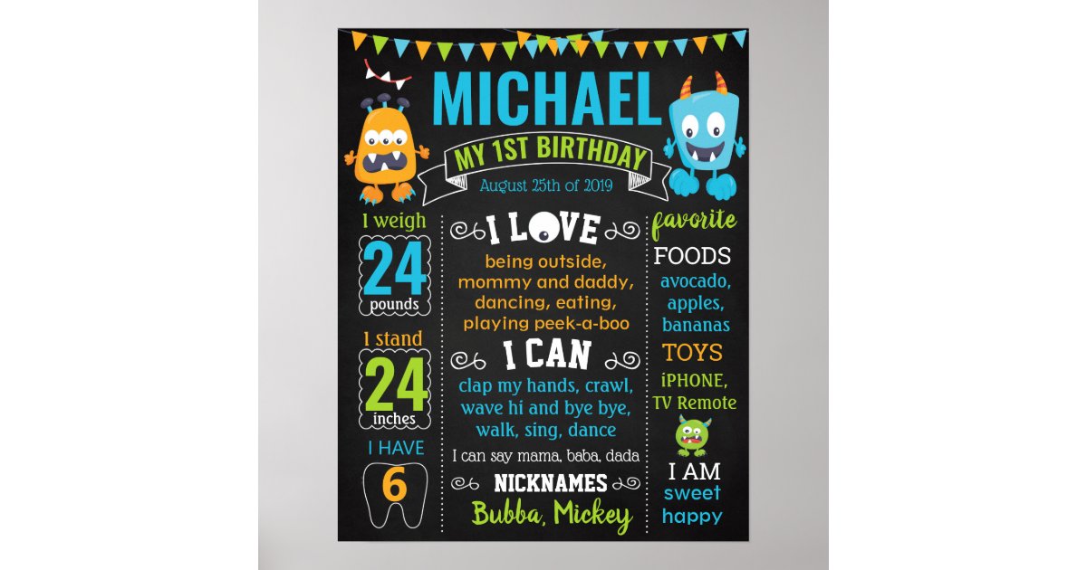 Monsters Birthday Party chalkboard monster Poster | Zazzle