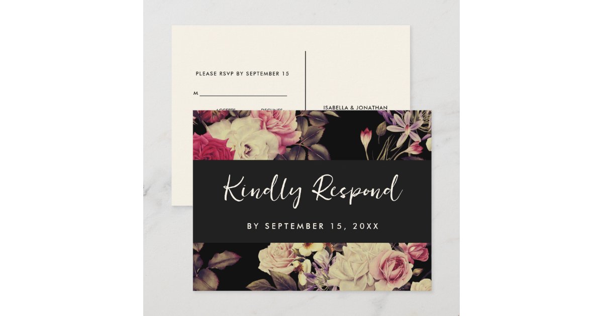 Moody Floral Rsvp Pretty Script Meal Choice Invitation Postcard | Zazzle