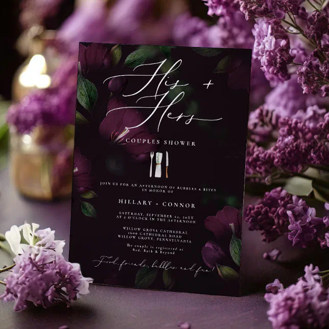 Moody Purple His & Hers Calligraphy Couples Shower Invitation | Zazzle