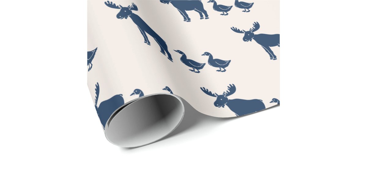Moose and Ducks Pattern Navy Blue Wrapping Paper | Zazzle