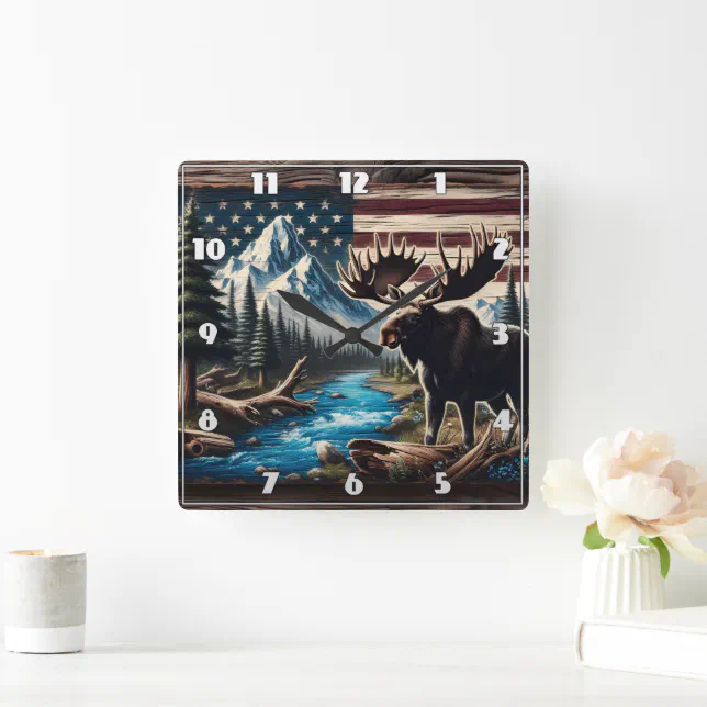 Moose by Lake With Mountain and Flag Background Square Wall Clock | Zazzle
