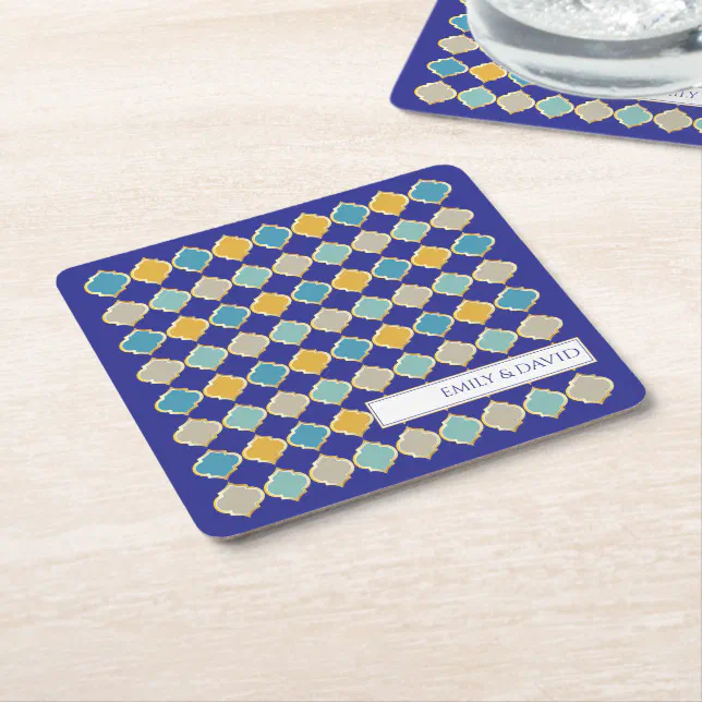 Moroccan Tile Royal Blue Golden Wedding Square Paper Coaster | Zazzle