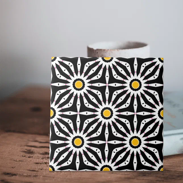 Mosaic Black White and Yellow Geometric Tile | Zazzle