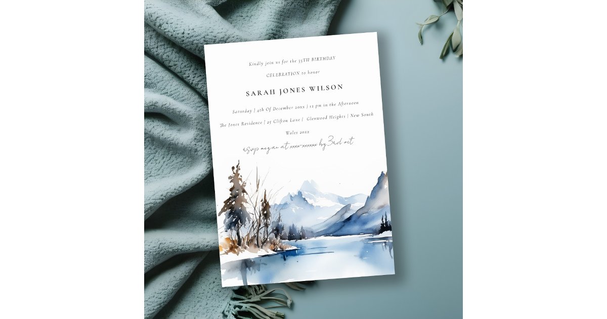 Mountain Lake Winter Snow Landscape Birthday Invitation | Zazzle