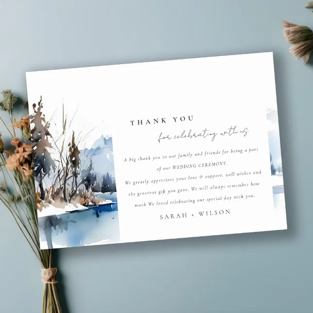 Mountain Lake Winter Snow Landscape Wedding Thank You Card | Zazzle