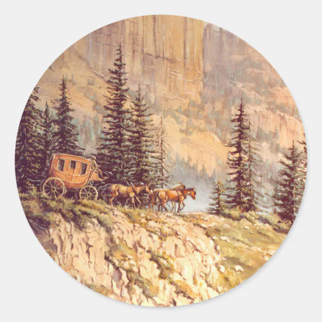 MOUNTAIN STAGECOACH by SHARON SHARPE Classic Round Sticker | Zazzle