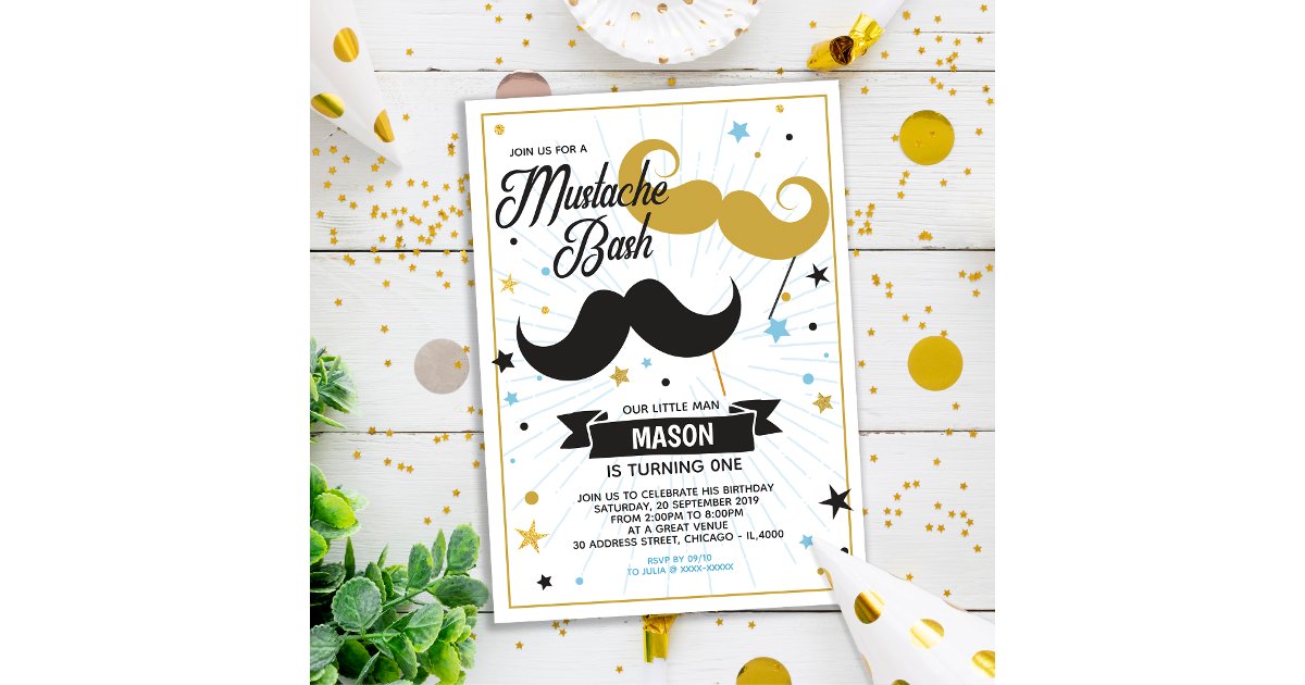 Moustache Bash Boy Birthday Party Faux Glitter Invitation | Zazzle