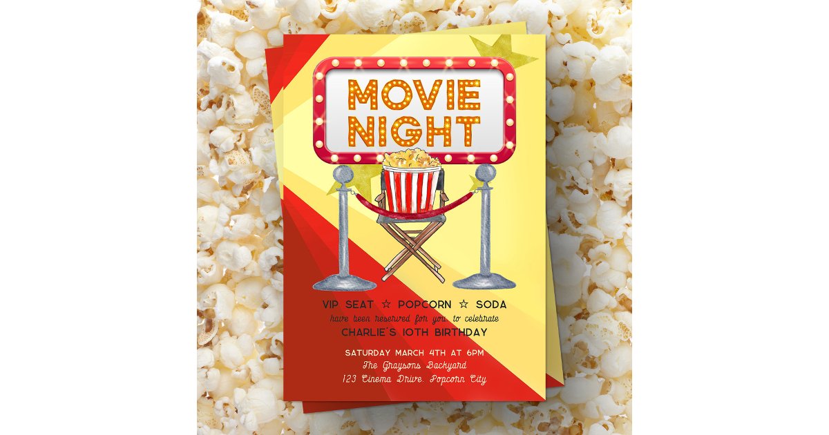 Movie Night Cinema Popcorn Party Birthday Invitation | Zazzle