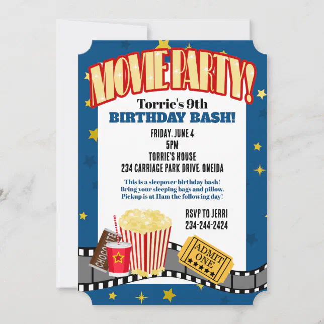 Movie Night Stars Birthday Party Invitation | Zazzle