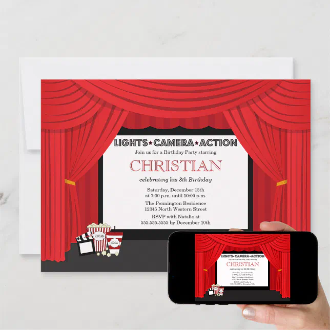 Movie screen and curtain birthday party invitation | Zazzle