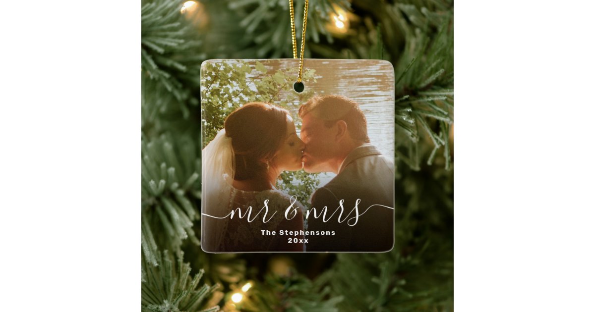 Mr & Mrs Elegant Script Overlay Double Sided Photo Ceramic Ornament ...